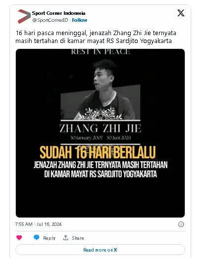 17岁羽球小将张志杰猝死 遗体仍在医院冷藏室 印尼羽协已决定不再负责 | 新生活报 - ILifePost爱生活